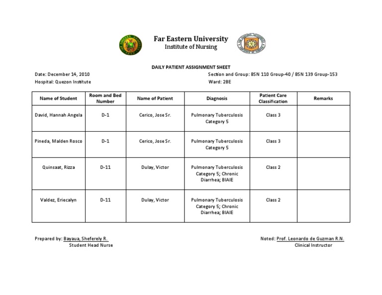 Daily Patient Assignment Sheet | PDF | Health Care | Health Sciences
