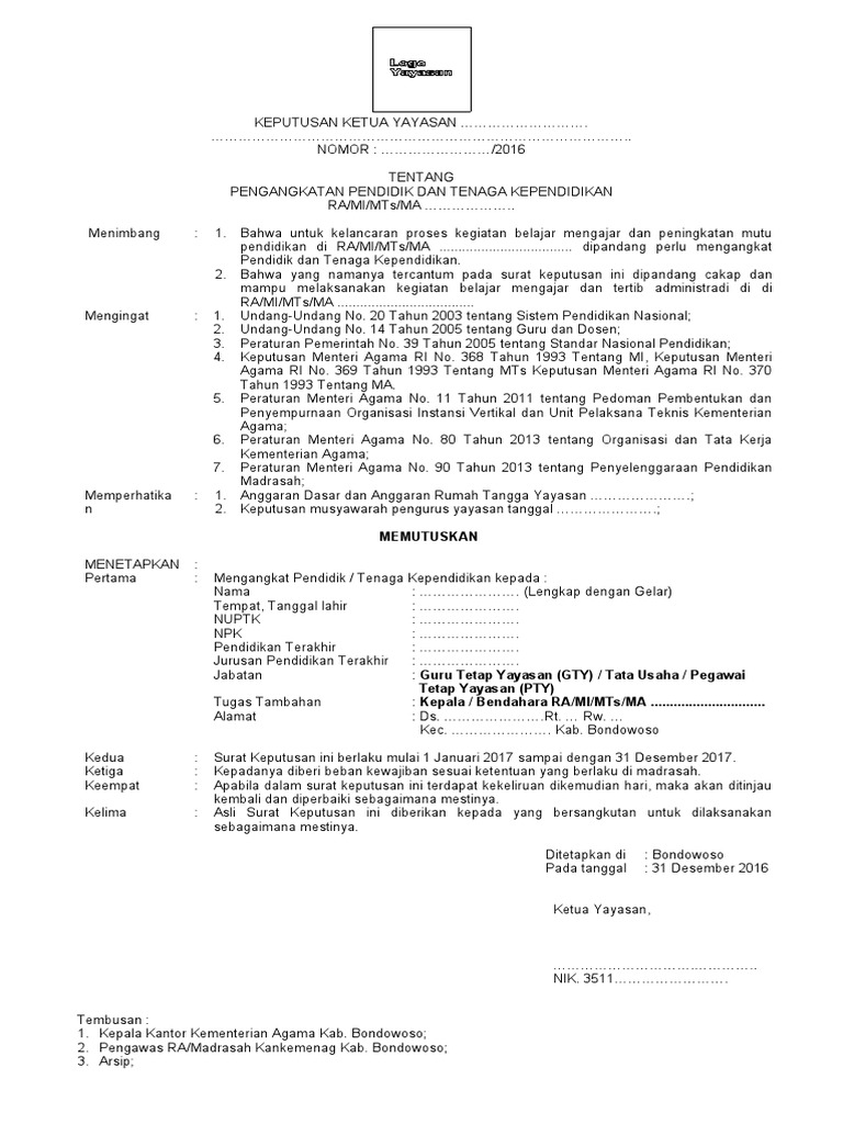 Contoh SK Yayasan Dari Kemenag | PDF