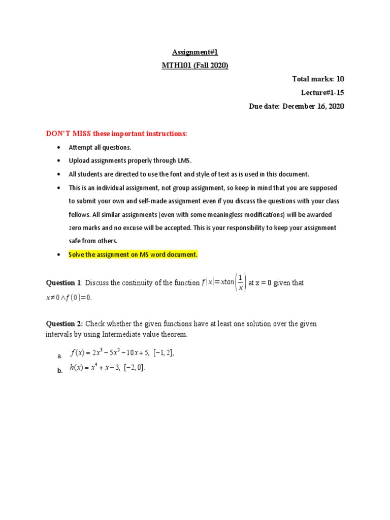 Assignment#1 MTH101 (Fall 2020) Total Marks: 10 Lecture#1-15 Due Date: December 16, 2020 | PDF