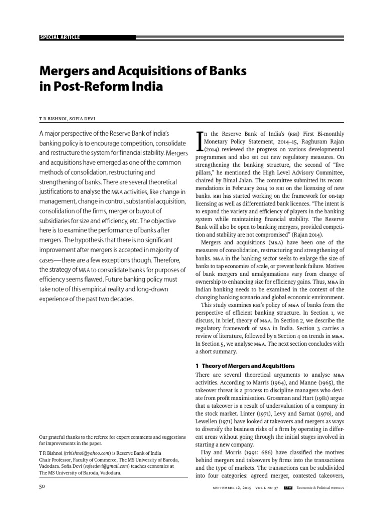 Mergers and Acquisitions of Banks in PostReform India | PDF | Mergers ...