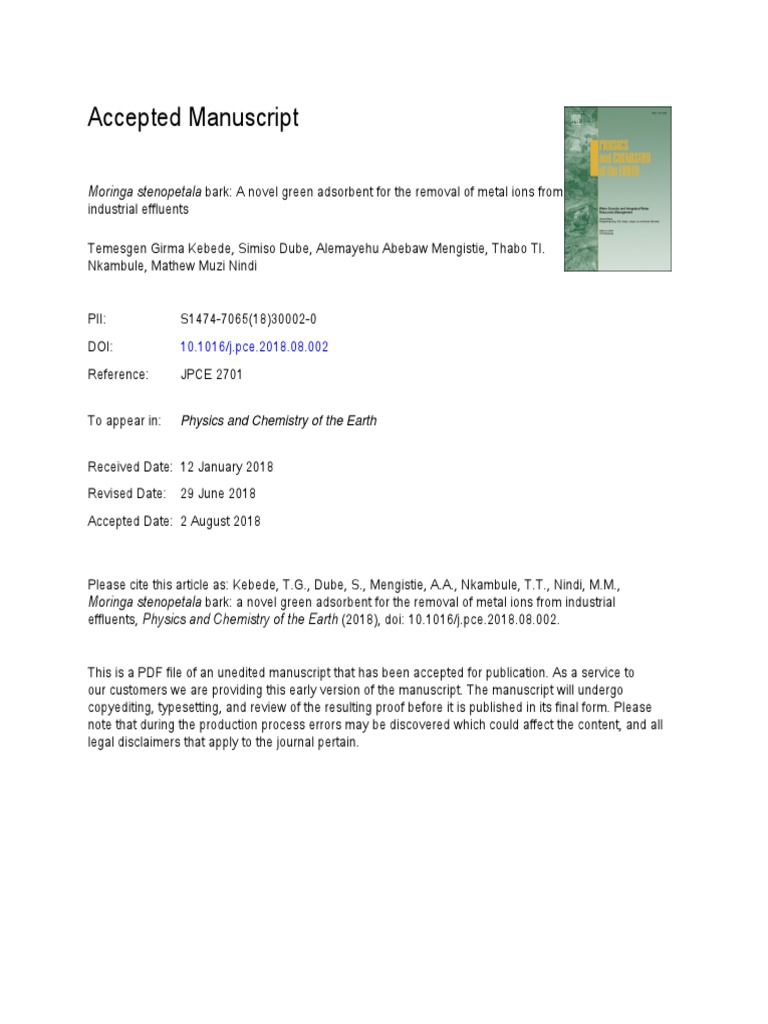 Accepted Manuscript: Moringa Stenopetala | PDF | Adsorption | Chemical ...