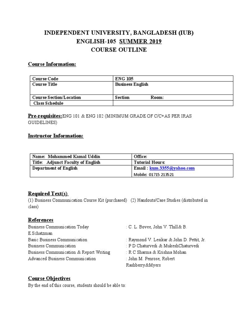 Independent University, Bangladesh (Iub) ENGLISH-105 SUMMER 2019 Course ...
