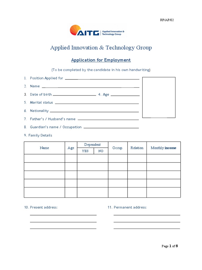 AITG Job Application Form | PDF | Salary | Labour