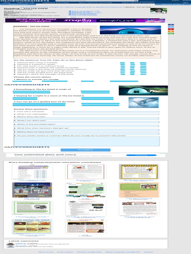 Reading - The Ice Hotel Worksheet | PDF | Worksheet | English As A ...