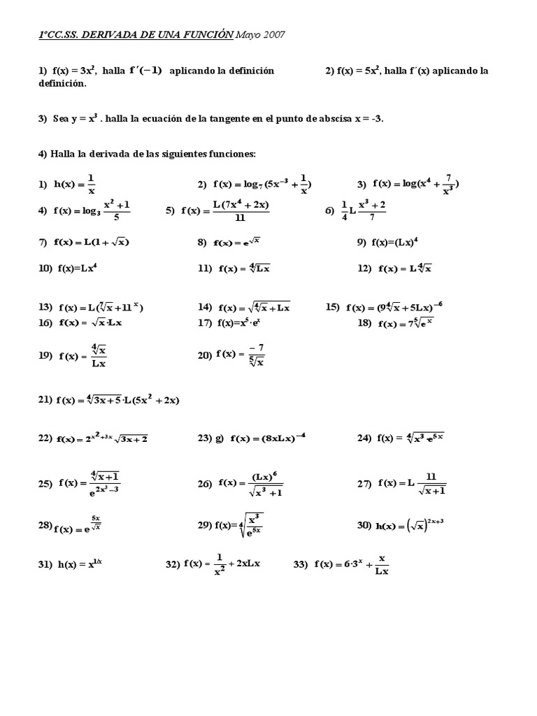 Ejercicios de Derivadas de Funciones | PDF | Análisis matemático | Álgebra