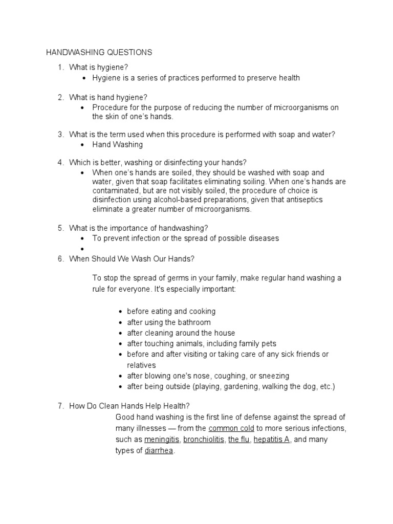 Handwashing Questions | PDF | Hand Washing | Hygiene