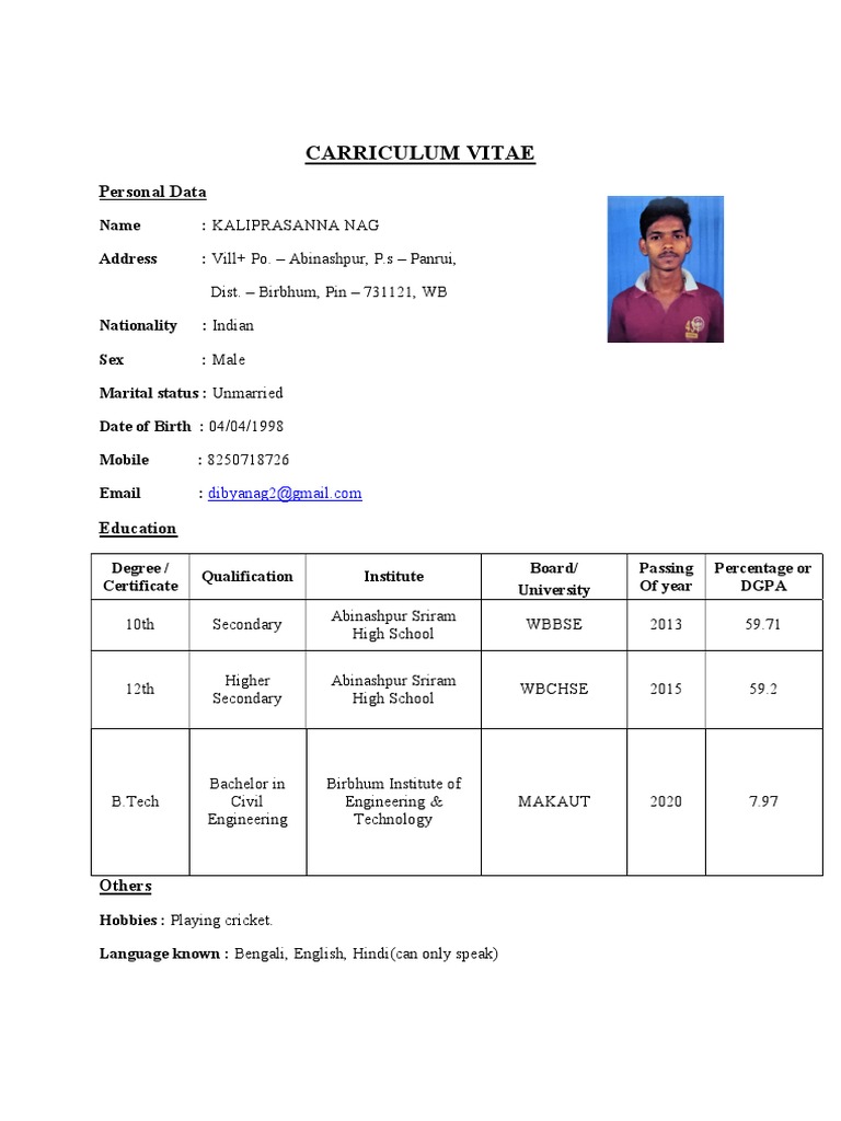 CV Kaliprasanna Nag B.tech in Civil Engineering | PDF