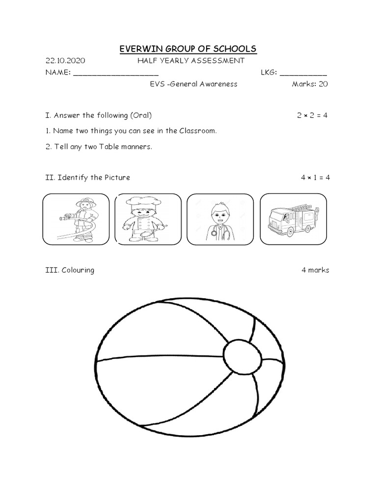 LKG EVS Half Yearly Assessment Paper | PDF