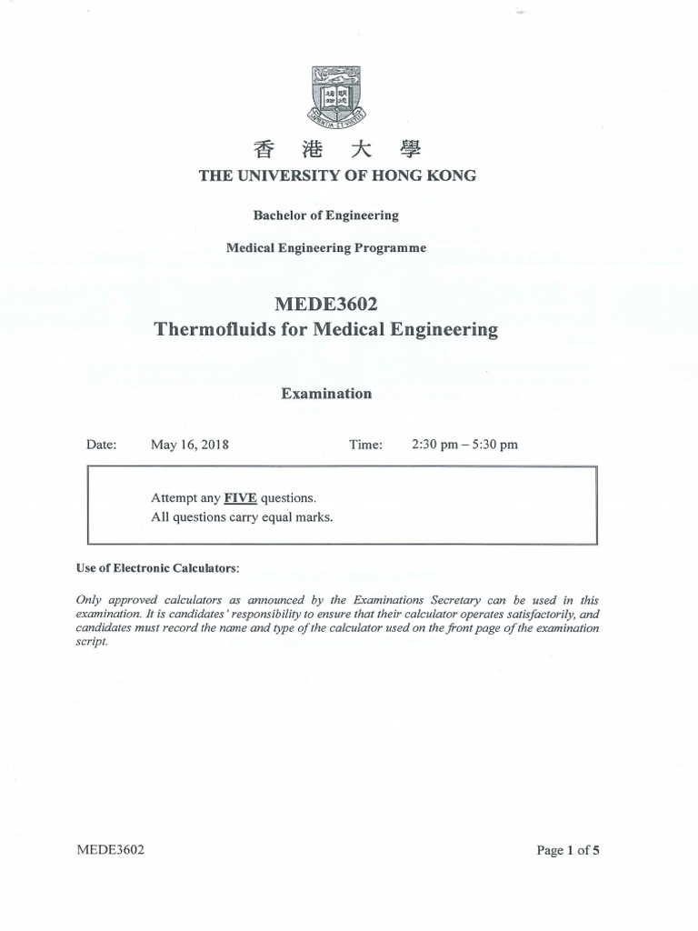 MEDE3602 Thermofluids For Medical Engineering: The University of Hong ...