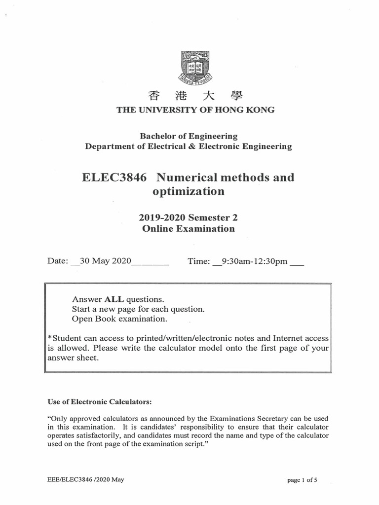 ELEC3846 Numerical Methods And Optimization Bachelor Of Engineering