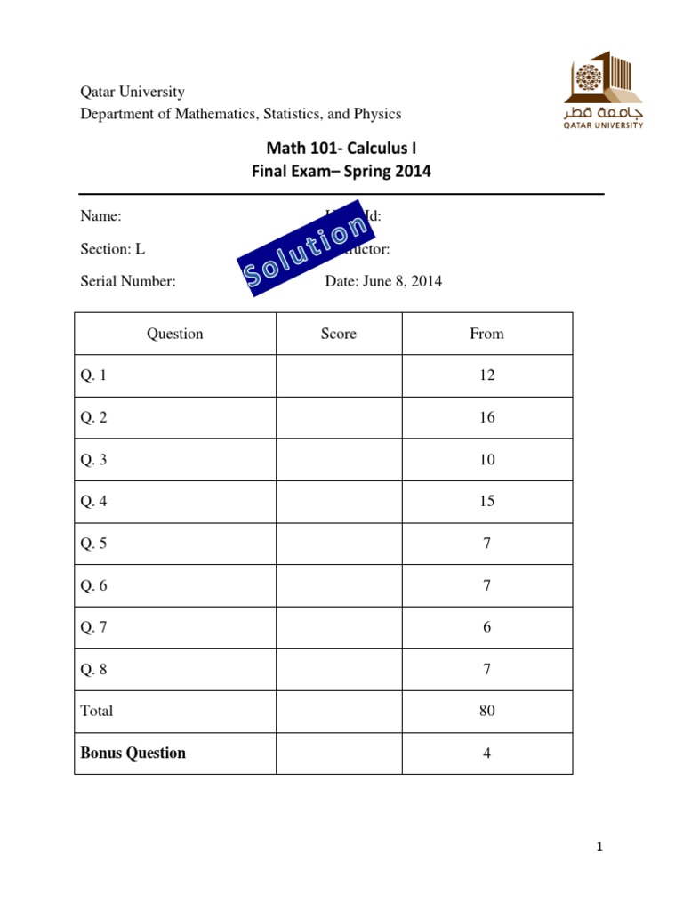 Math 101-Calculus I Final Exam - Spring 2014: Qatar University ...