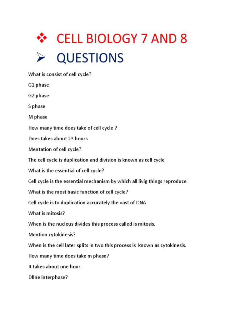 Questions: Cell Biology 7 and 8 | PDF