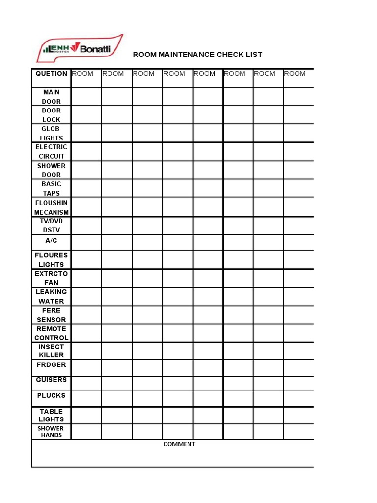 Room Maintenance Check List | PDF