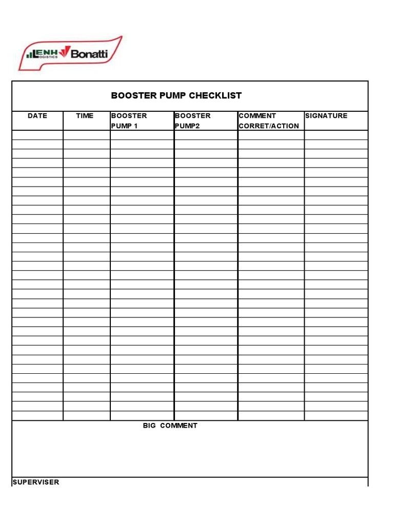 Booster Pump Checklist: Date Time Booster Booster Comment Signature ...