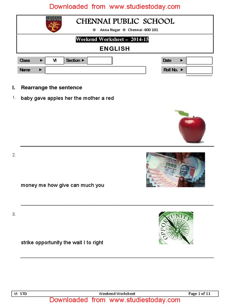 Class 6 Sentence Rearrangement Worksheet | PDF | Career & Growth ...
