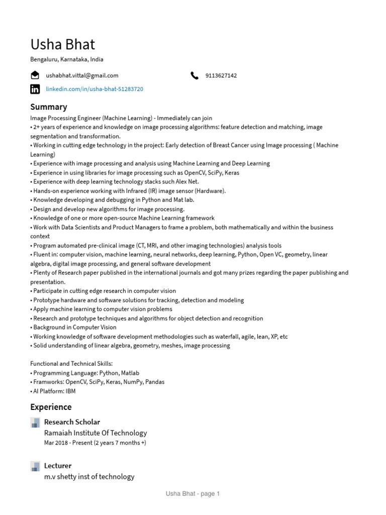 Usha Bhat: Research Scholar | PDF | Computer Vision | Machine Learning