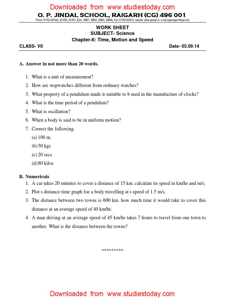 CBSE Class 7 Science - Time, Motion and Speed | PDF