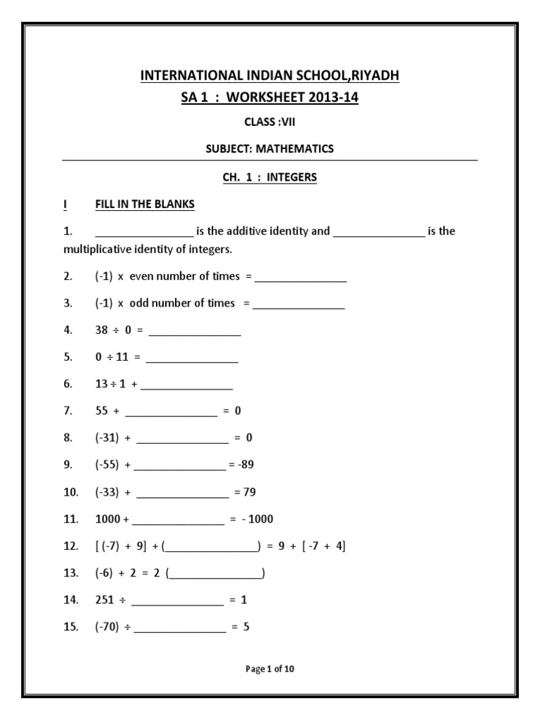 CBSE Class 7 Maths Worksheet - Integers | PDF | Number Theory ...