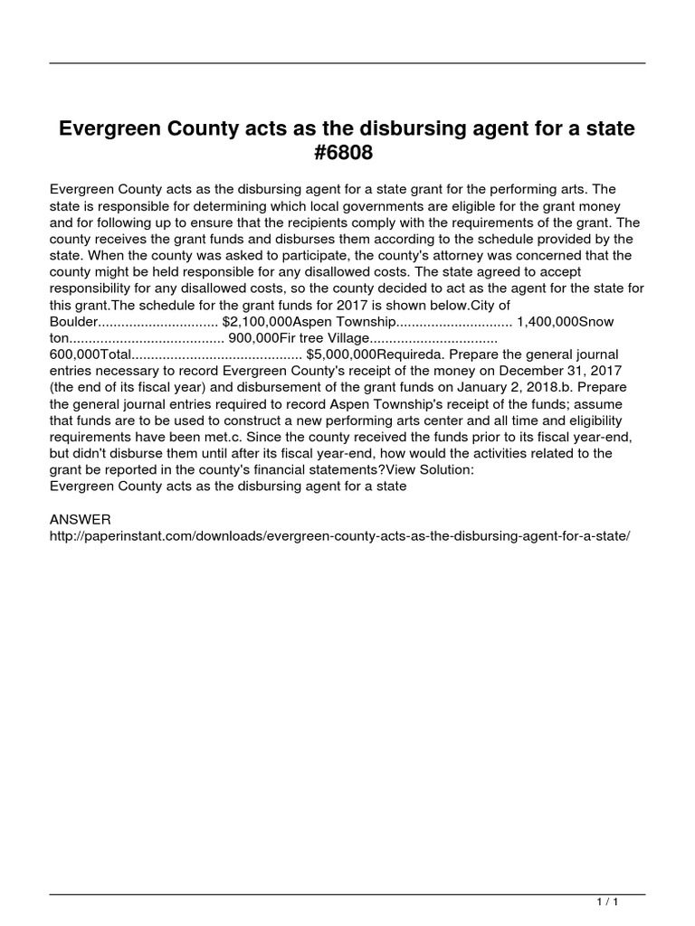 Evergreen County Acts As The Disbursing Agent For A State | PDF ...