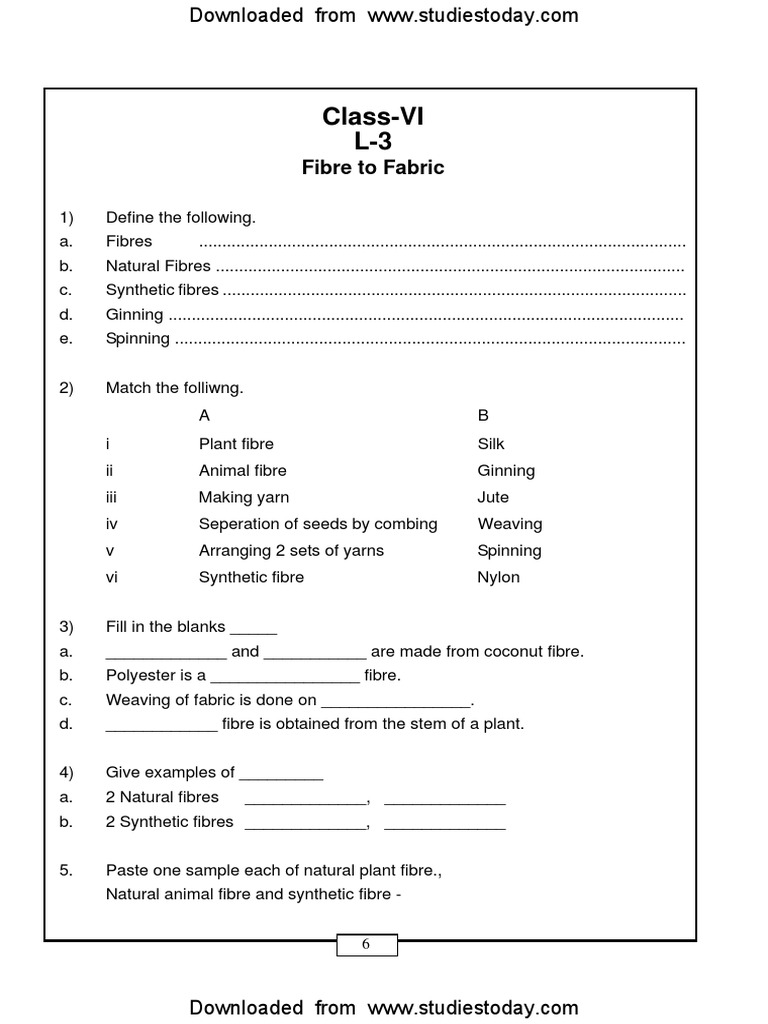 CBSE Class 6 Fibre To Fabric Worksheet PDF | PDF