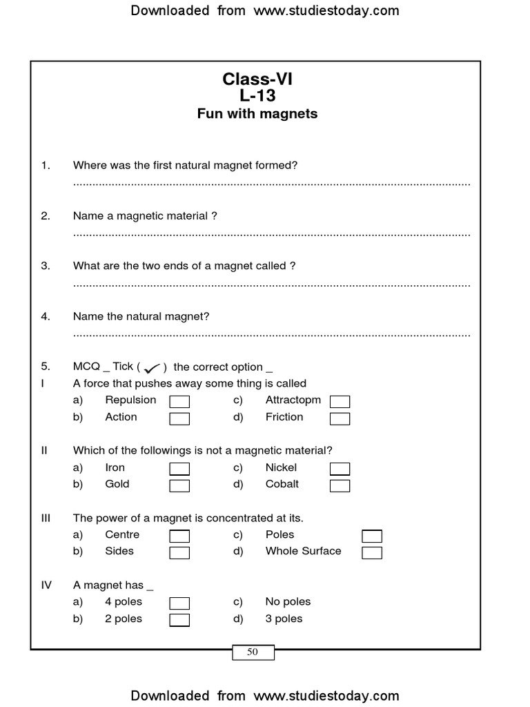 CBSE Class 6 Fun With Magnets Worksheet PDF | PDF | Magnet | Physical ...
