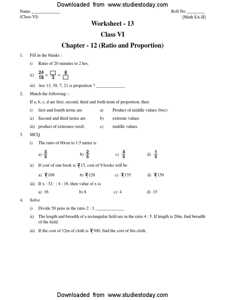 CBSE Class 6 Ratio and Proportion Worksheet | PDF