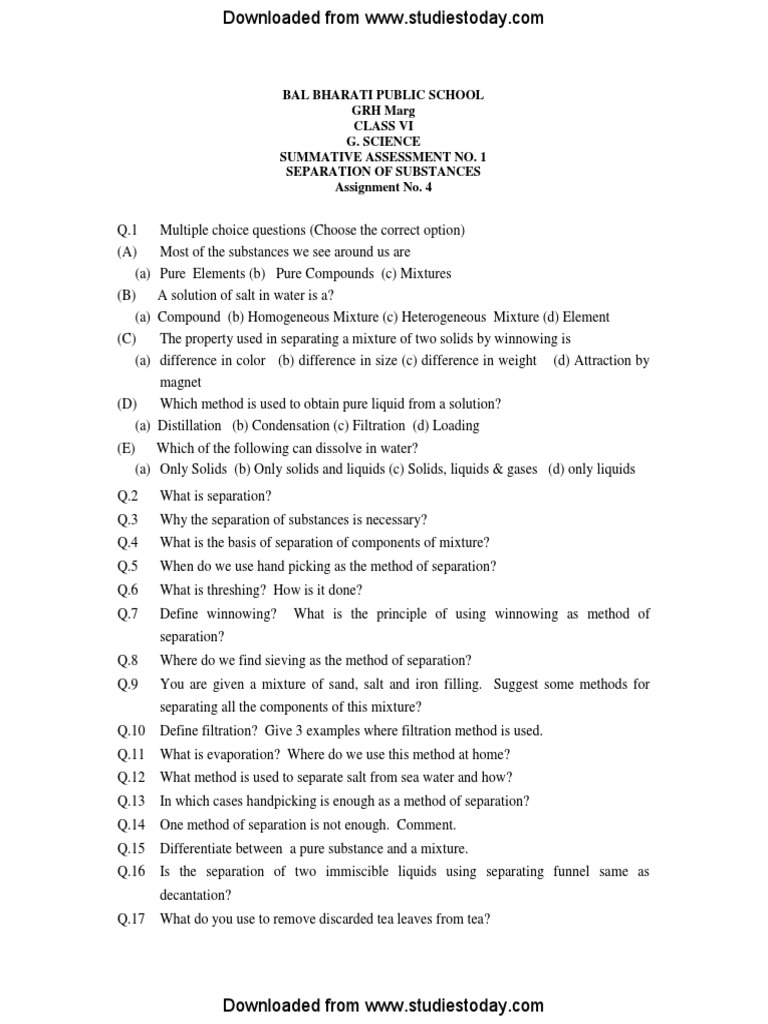 Class 6 Science: Separation of Substances Worksheet | PDF | Mixture ...