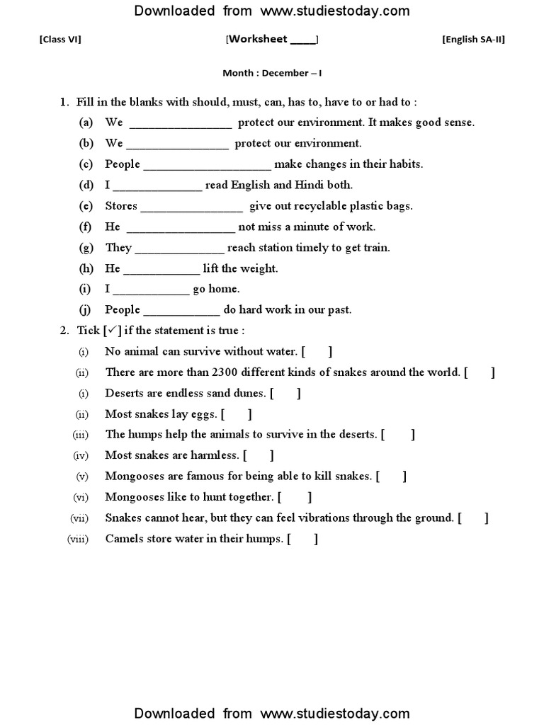 Class 6 English Worksheet on Environment | PDF | Foreign Language Studies