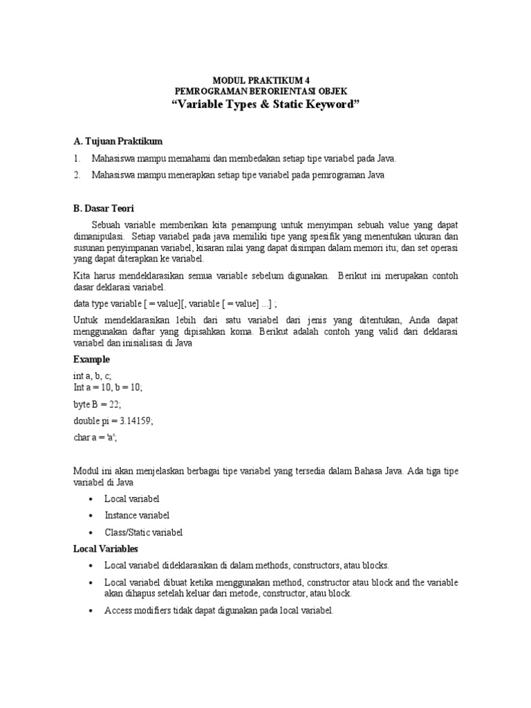 Modul Praktikum PBO 5 Variable Type Static | PDF