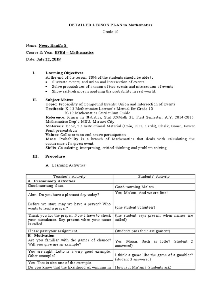 Demo DETAILED LESSON PLAN in Mathematics | PDF | Probability | Lesson Plan
