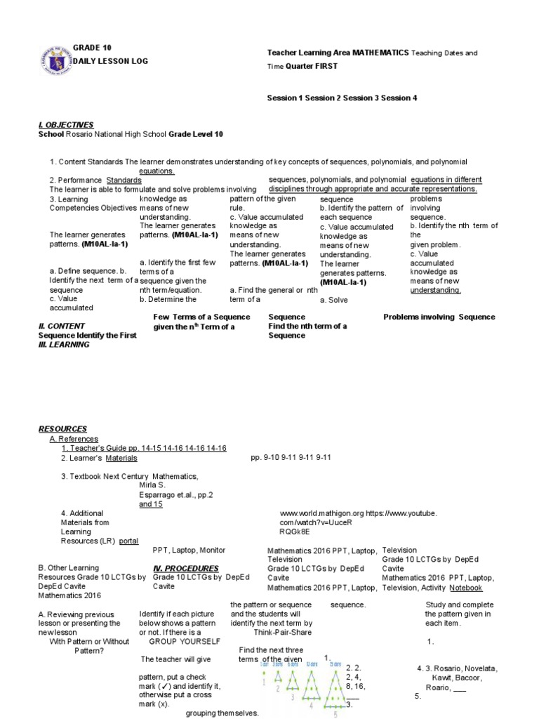 G10 - DLL - First Quarter | Download Free PDF | Mean | Sequence