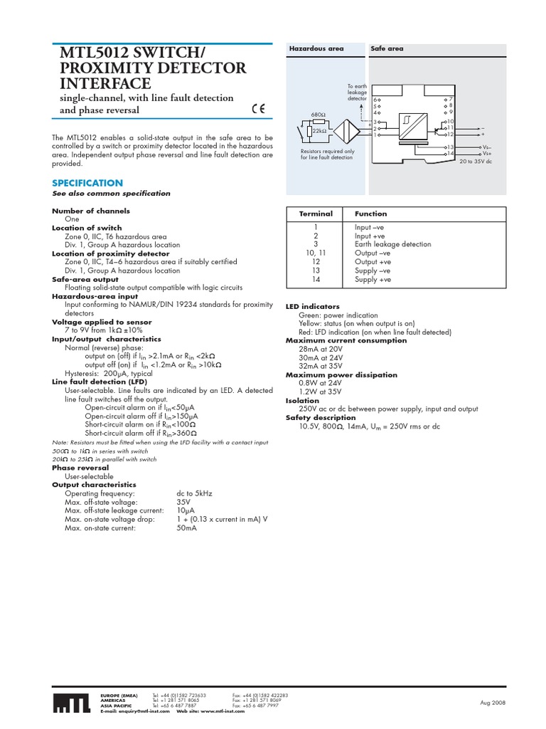 MTL5012 PROXIMITY DETECTOR Interface Barrier | PDF | Sensor | Detector ...