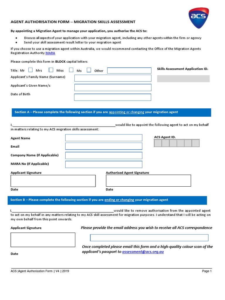 Agent Authorisation Form - Migration Skills Assessment | PDF