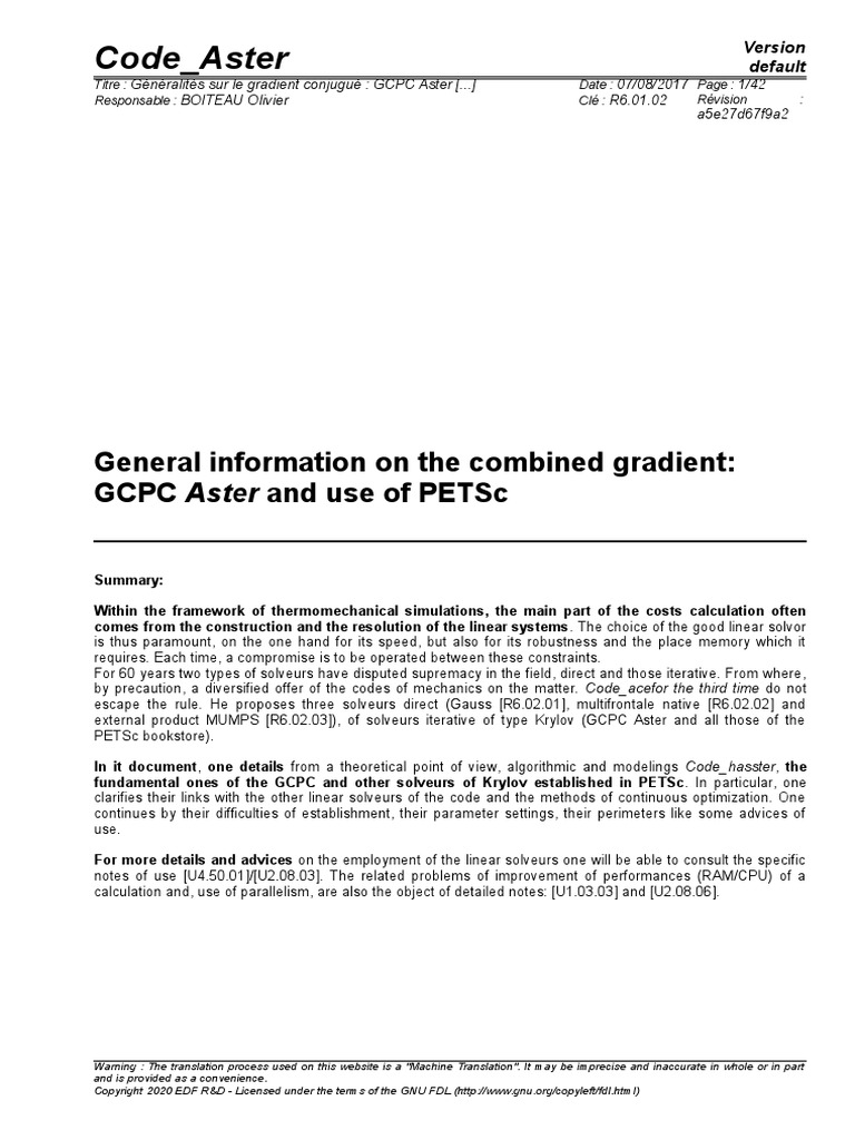 Code - Aster: General Information On The Combined Gradient: GCPC Aster and Use of Petsc | PDF ...