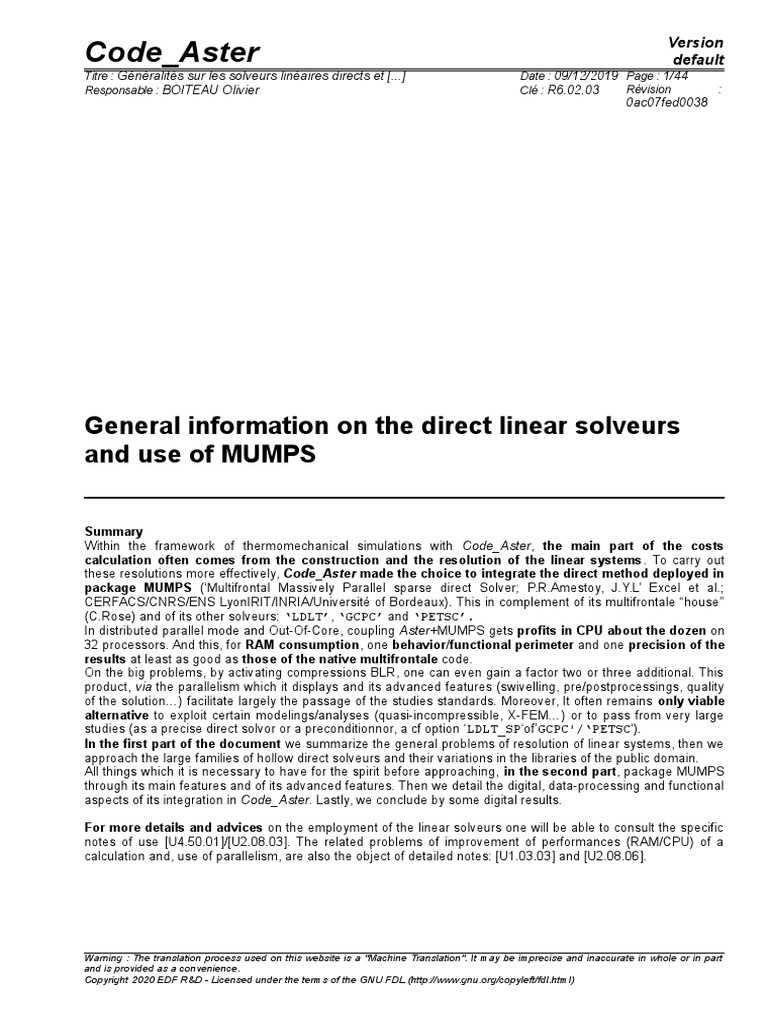 Code - Aster: General Information On The Direct Linear Solveurs and Use ...