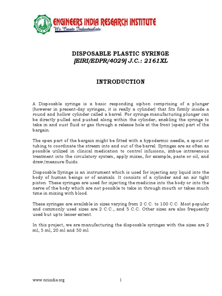 Project Report On Disposable Plastic Syringe | PDF | Syringe | Medicine