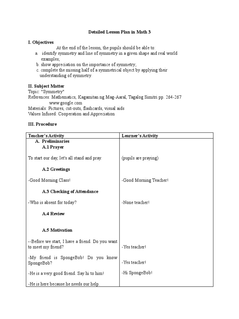 Detailed Lesson Plan in Math 3 | PDF | Symmetry | Shape