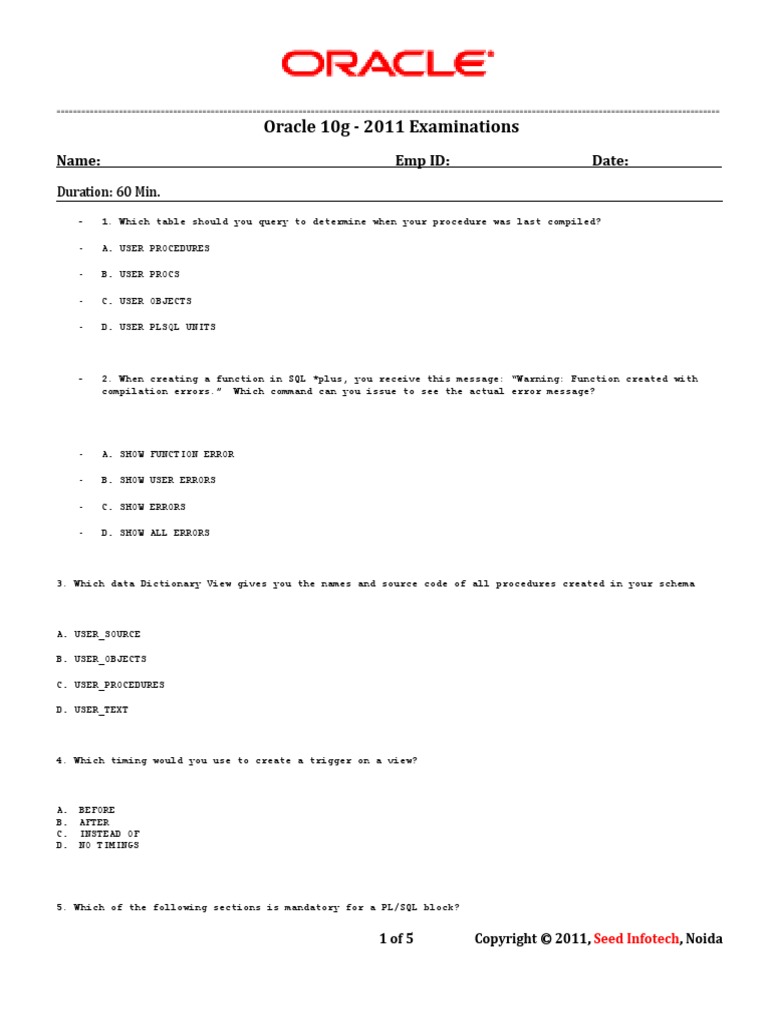 Oracle 10g - 2011 Examinations: Name: Emp Id: Date | PDF | Pl/Sql ...