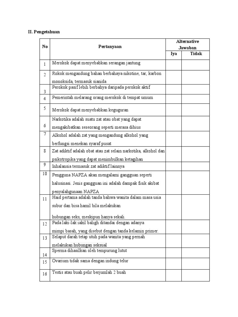 Kuesioner Pengetahuan | PDF