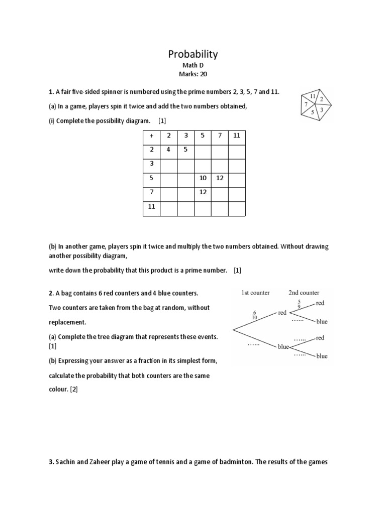 Probability: 1. A Fair Five-Sided Spinner Is Numbered Using The Prime ...