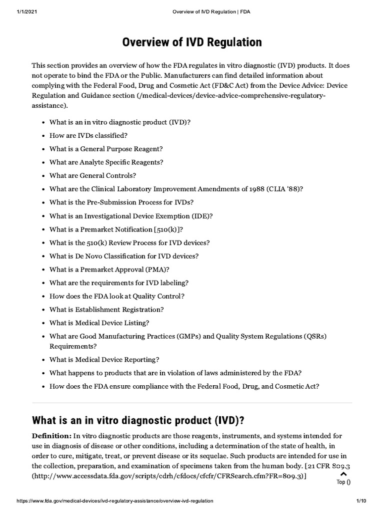 Overview of IVD Regulation - FDA | PDF