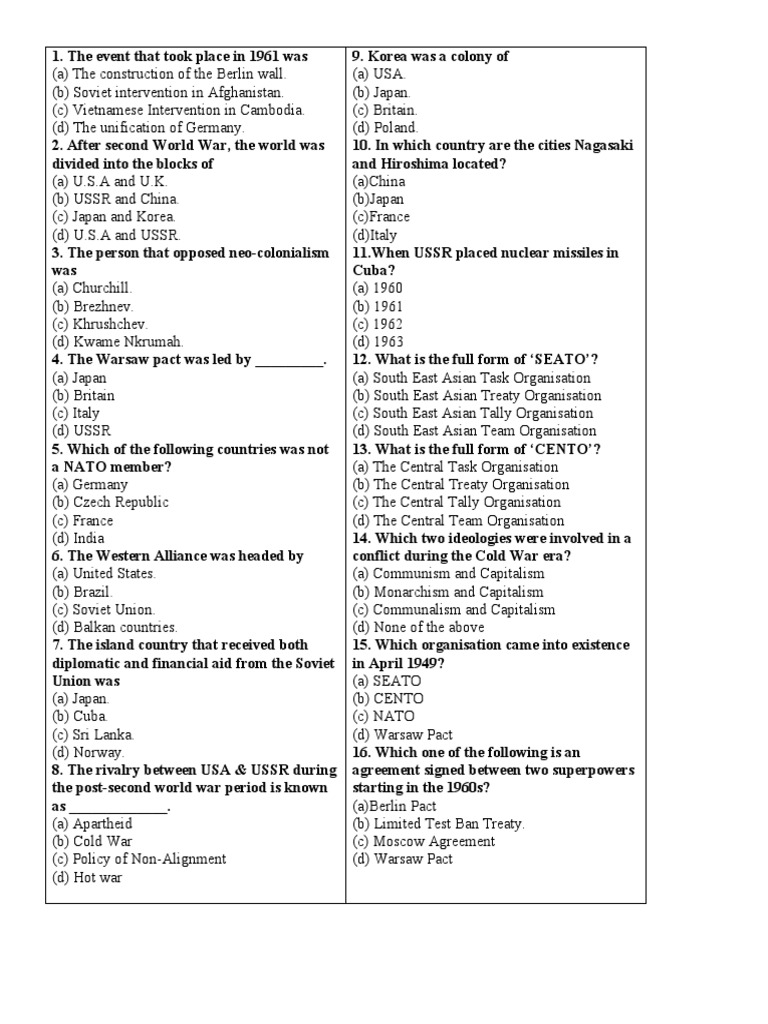 Multiple Choice Questions on Cold War History: Geopolitics, Alliances ...
