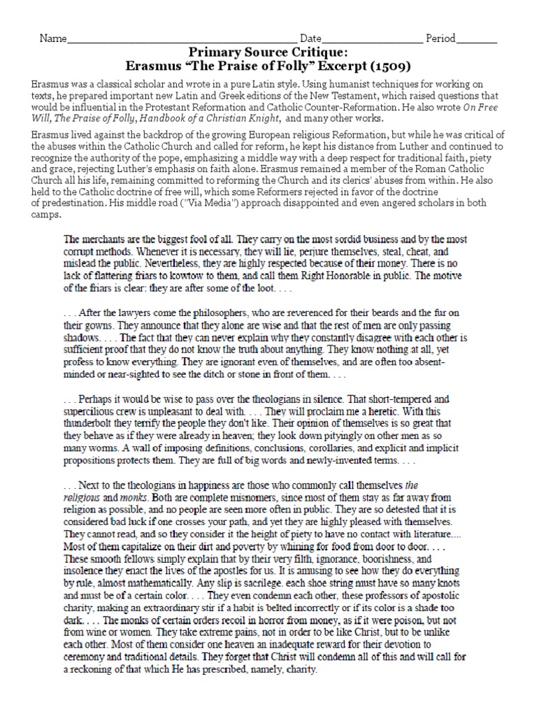 Primary Source Critique: Erasmus "The Praise of Folly" Excerpt (1509 ...