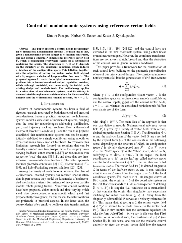 Control of Nonholonomic Systems Using Reference Vector Fields | PDF ...
