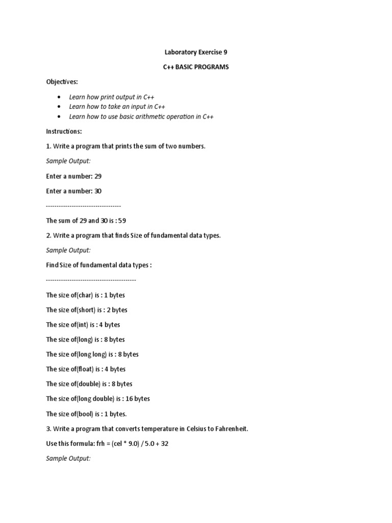 Sample Output:: Laboratory Exercise 9 C++ Basic Programs | PDF