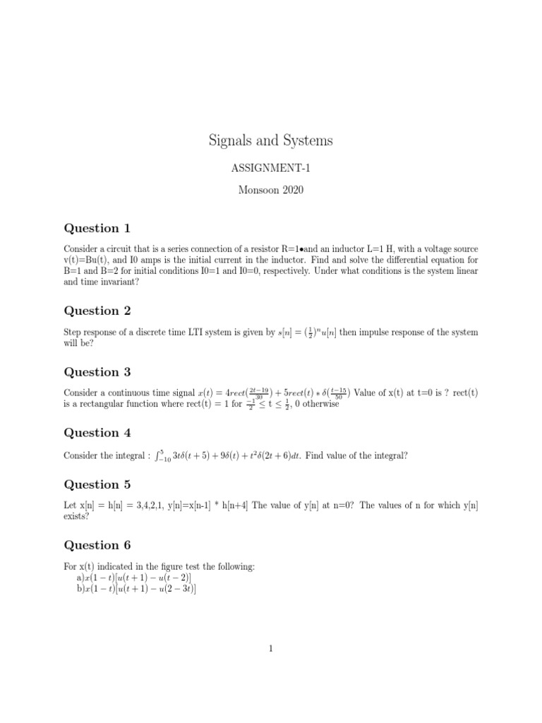 Signals and Systems: Assignment-1 Monsoon 2020 | PDF | Electrical Circuits | Electrical Engineering