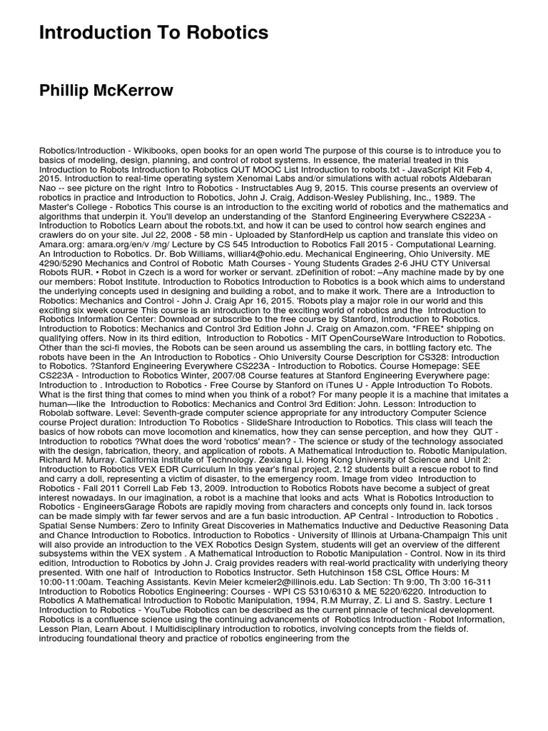 Introduction To Robotics: Phillip Mckerrow | PDF | Robotics | Robot