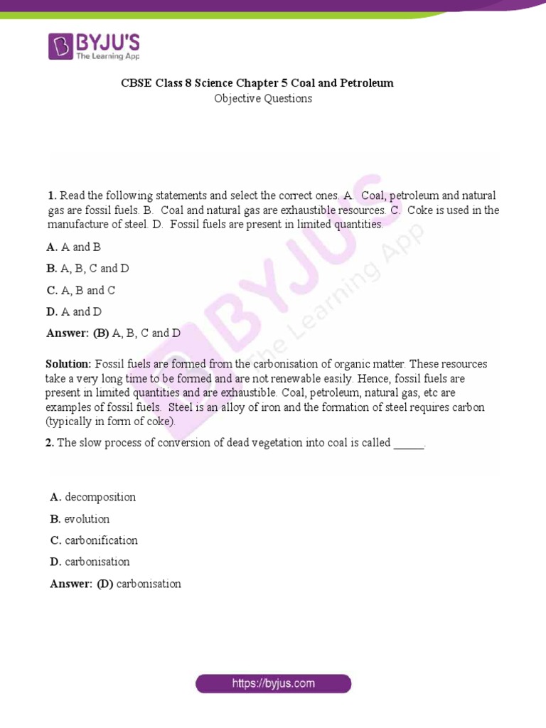 CBSE Class 8 Science Chapter 5 Coal and Petroleum Objective Questions ...