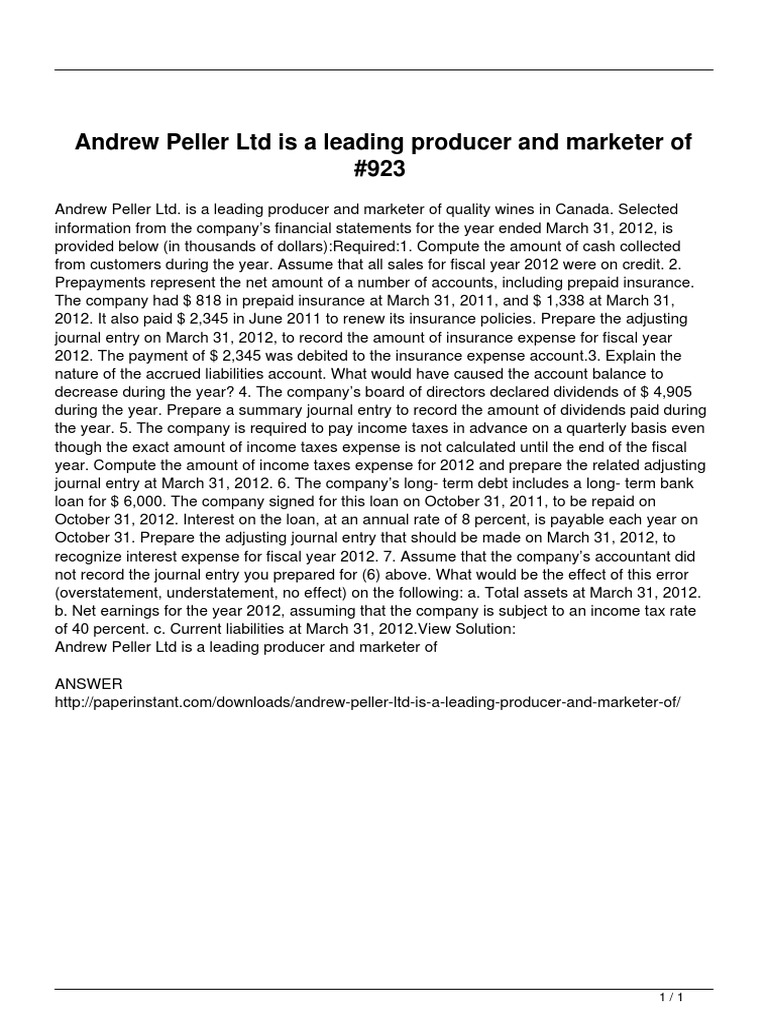 Andrew Peller LTD Is A Leading Producer and Marketer of | PDF | Income ...