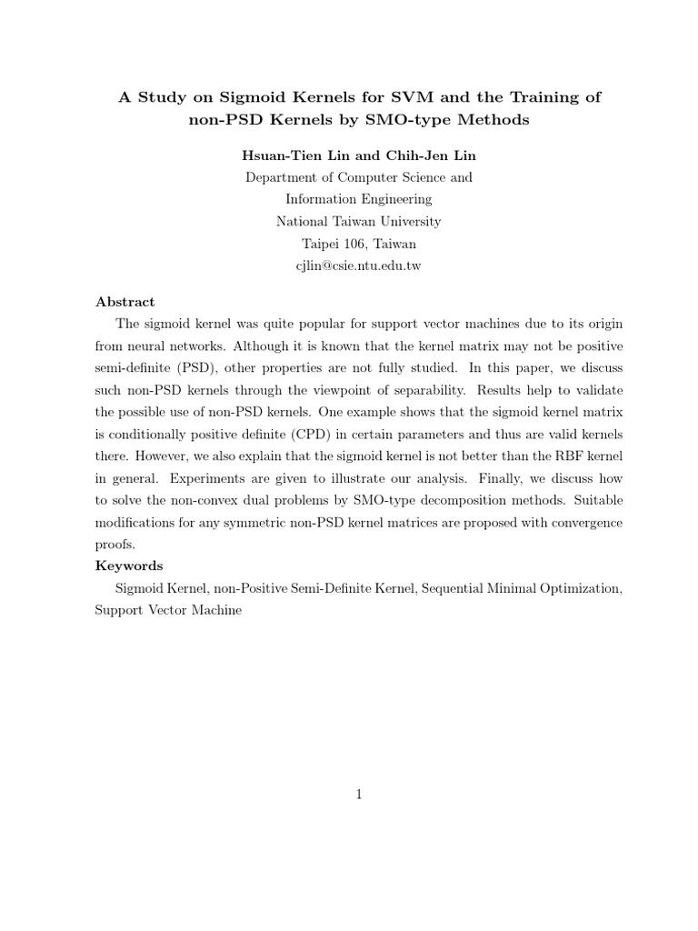 A Study On Sigmoid Kernels For SVM and The Training of non-PSD Kernels by SMO-type Methods | PDF ...